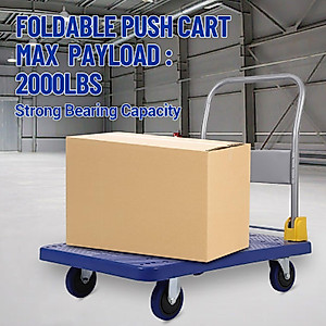 GarveeTech Platform Trucks Cart 2000LBS, Foldable Steel Hand Push Cart Dolly with 4" Rubber Wheels, Heavy Duty Flat Cart 48" x 24" for Loading and Moving, Home Office Warehouse