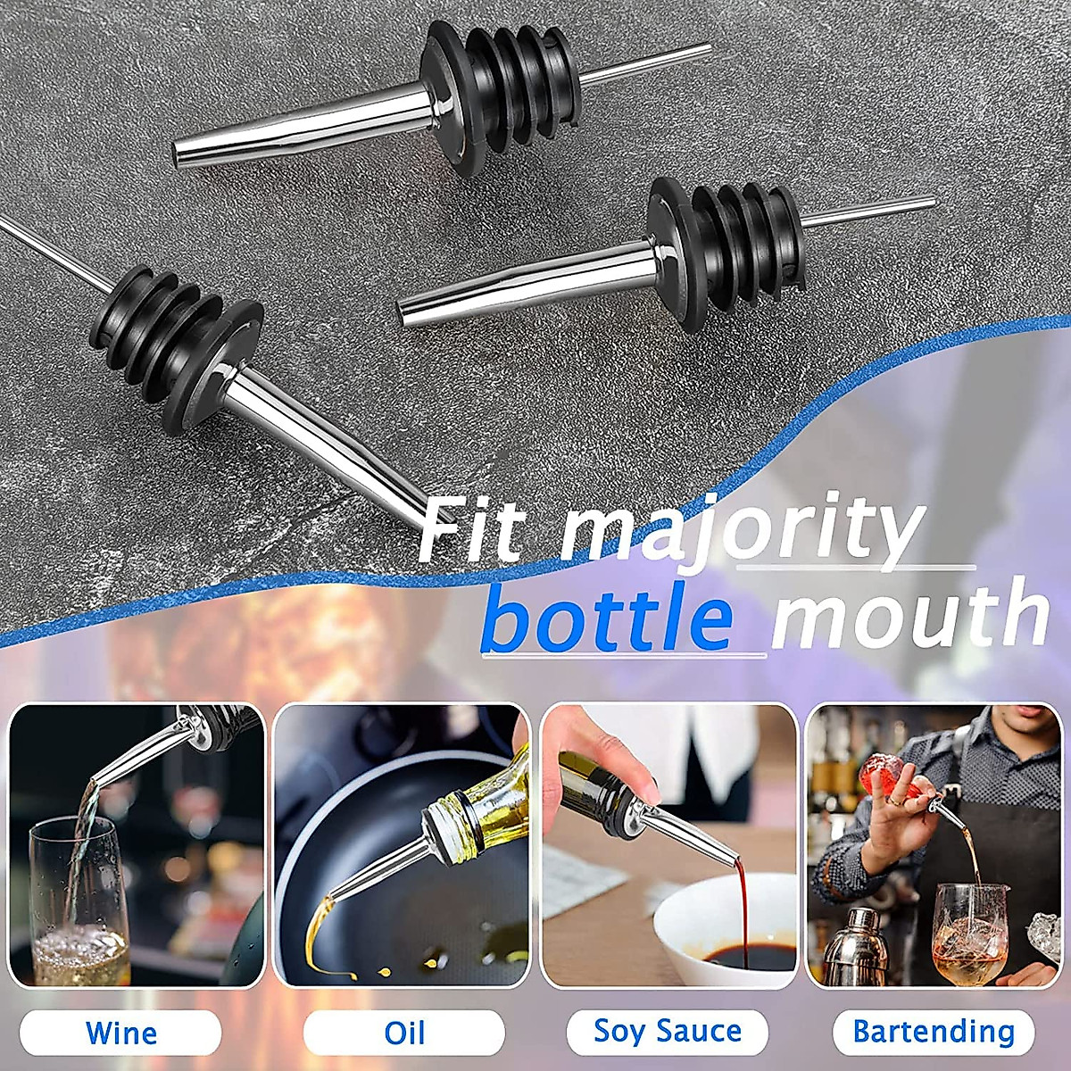 Pafusen 12 Pack Pour Spouts for Liquor Bottles, Liquor Pour Stainless Steel Classic Bottle Speed Pourers with Tapered Spout，Free Flow Pourers，Most Fit Classic Bottle's Lip 3/4"