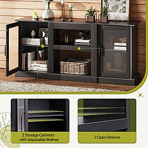 WLIVE Retro TV Stand for 65 inch TV, TV Console Cabinet with Storage, Open Shelves Entertainment Center for Living Room and Bedroom, Black