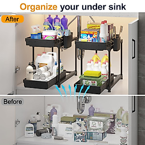 Sevenblue 2 Pack Double Sliding Under Sink Organizers and Storage, 2 Tier Under Bathroom Cabinet Shelf Organizer with Hooks Hanging Cup, Home Organization, Black