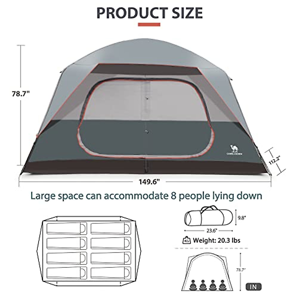 CAMEL CROWN Tents for Camping 7/8 Person Waterproof Easy Setup Folding Camping Tent with 2 Door