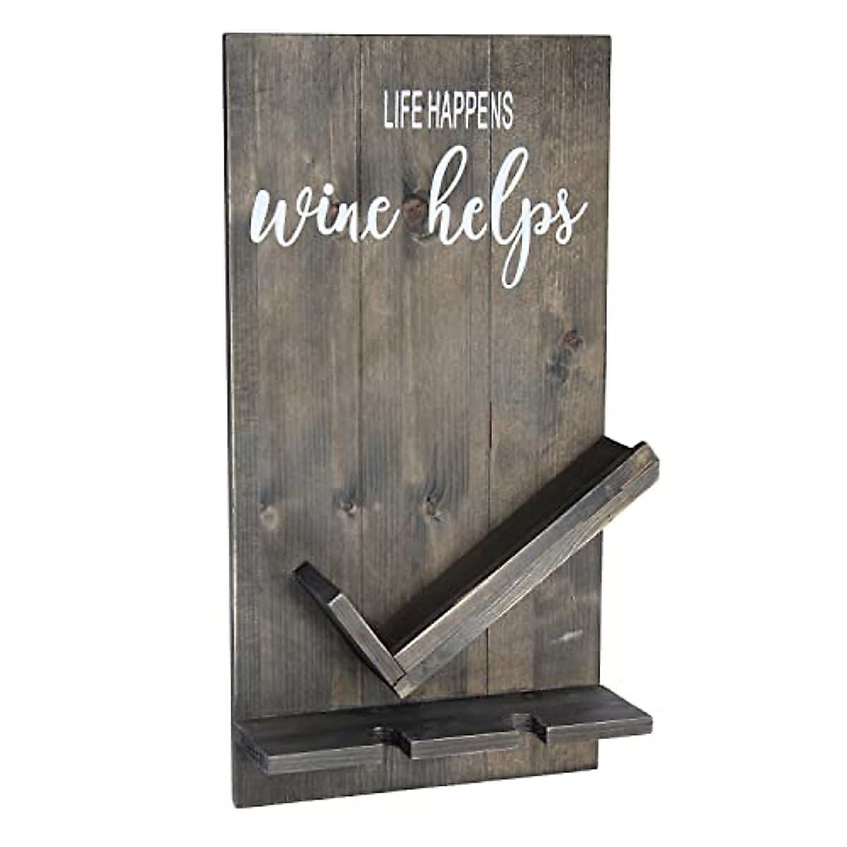 Elegant Designs HG1016-RGY Lucca Quote Saying “Life Happens Wine Helps” Wooden Bottle Shelf with Glass Holder Wall Mounted Wine Rack, Rustic Gray