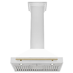 ZLINE 30 in. Autograph Edition Convertible Stainless Steel Range Hood with White Matte Shell and Polished Gold Accents (KB4STZ-WM30-G)