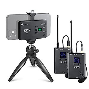 KKX UHF Wireless Lavalier Microphone System Professional Dual Transmitters Wireless Lapel Mic System Compatible with iPhone, DSLR Camera, Camcorder, Conference, Interview & YouTube