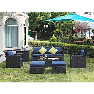 Green4ever 9 Piece Patio Furniture Set, All-Weather Outdoor Sectional Sofa Wicker Rattan Couch Patio Conversation Set with Storage Box, Coffee Table, Ottoman, and Blue Cushion