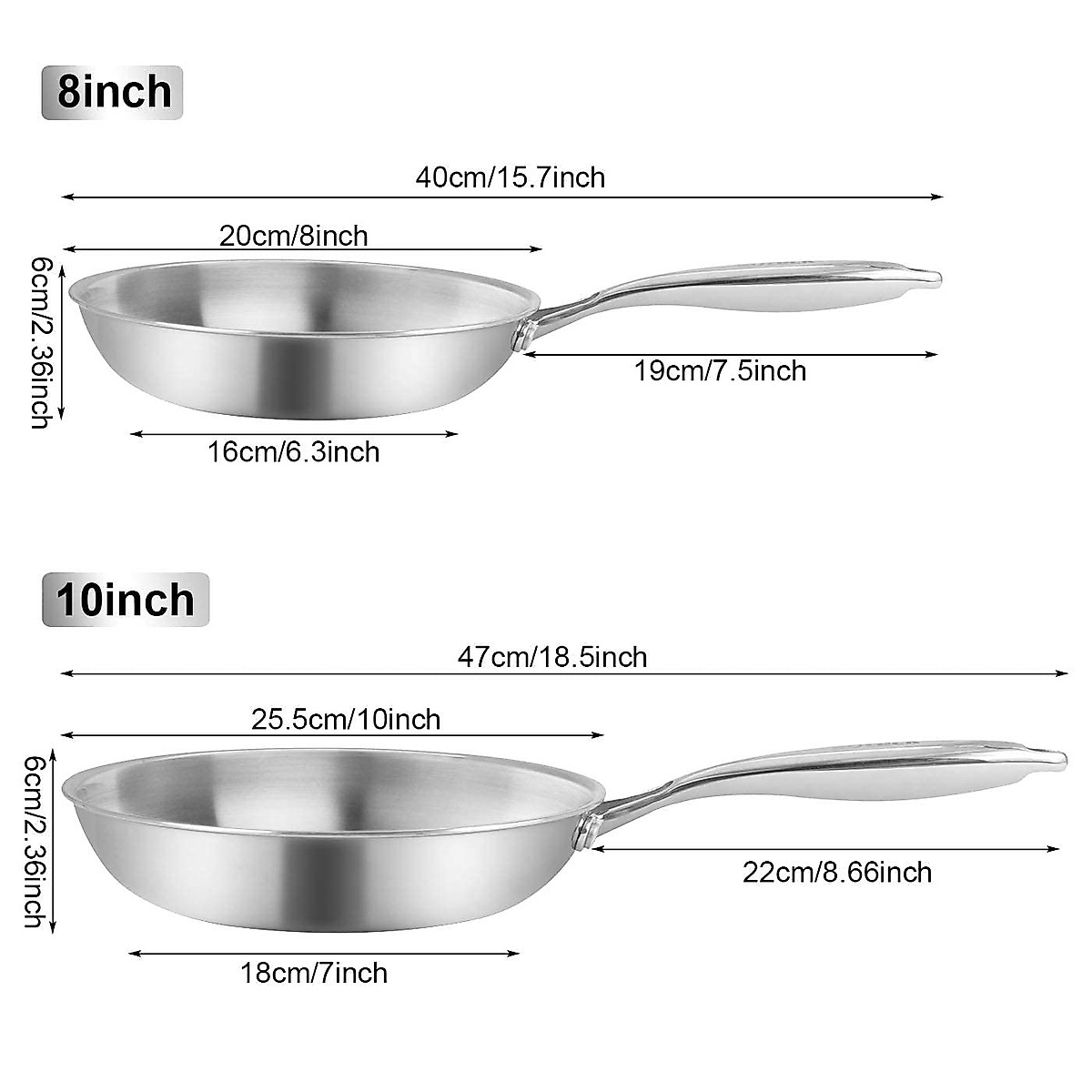 Fry Pan Set of 2 | 8" & 10" Tri-Ply Stainless Steel Frying Pan, Oven & Dishwasher Safe Classic Cooking Pan Cookware