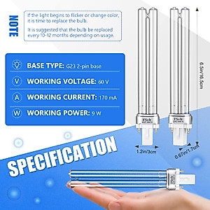 Kittmip 2 Pieces UV UV-C Light Bulbs 9W G23 Base Replacement Bulb for Outdoor Pond Clarifier Lamp Compatible with UVE9 CF400 CF500 UVCP-9 JUP-01 303B 304B D200 R18 R18D R2000