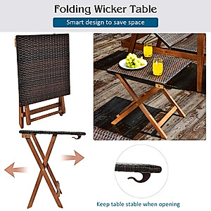 Tangkula 3 Pieces Outdoor Chaise Set, Wicker Rattan Lounge Chair w/Acacia Wood Frame, 4 Adjustable Positions Patio Wicker Lounge Set & Foldable Side Table, Suitable for Lawn, Backyard (Mix Brown)