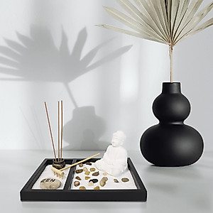 Japanese Mini Zen Garden with Incense Holder, and White Miniature Buddha Statue for Relaxation and Meditation, Perfect Home Desk Decor and Gift Set - 7" x 8.5" x 6.5"