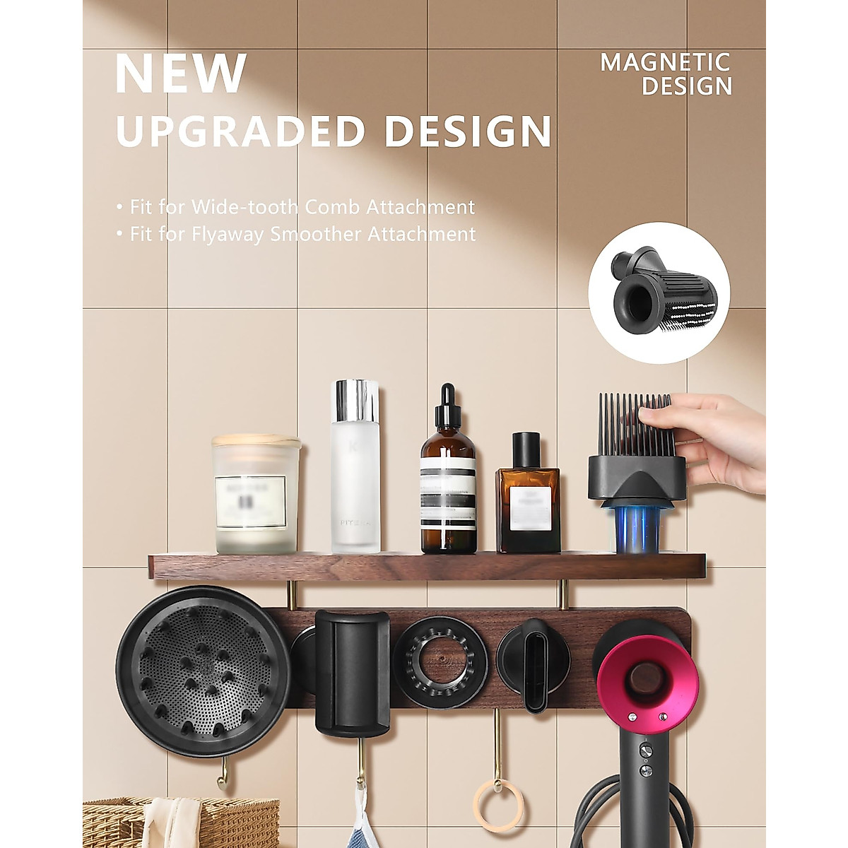 Affogato Walnut Storage Holder Compatible with Dyson Supersonic Hair Dryer and Attachments, Wall Mount Holder with Shelf Organizer for Bathroom Bedroom, Walnut Wood