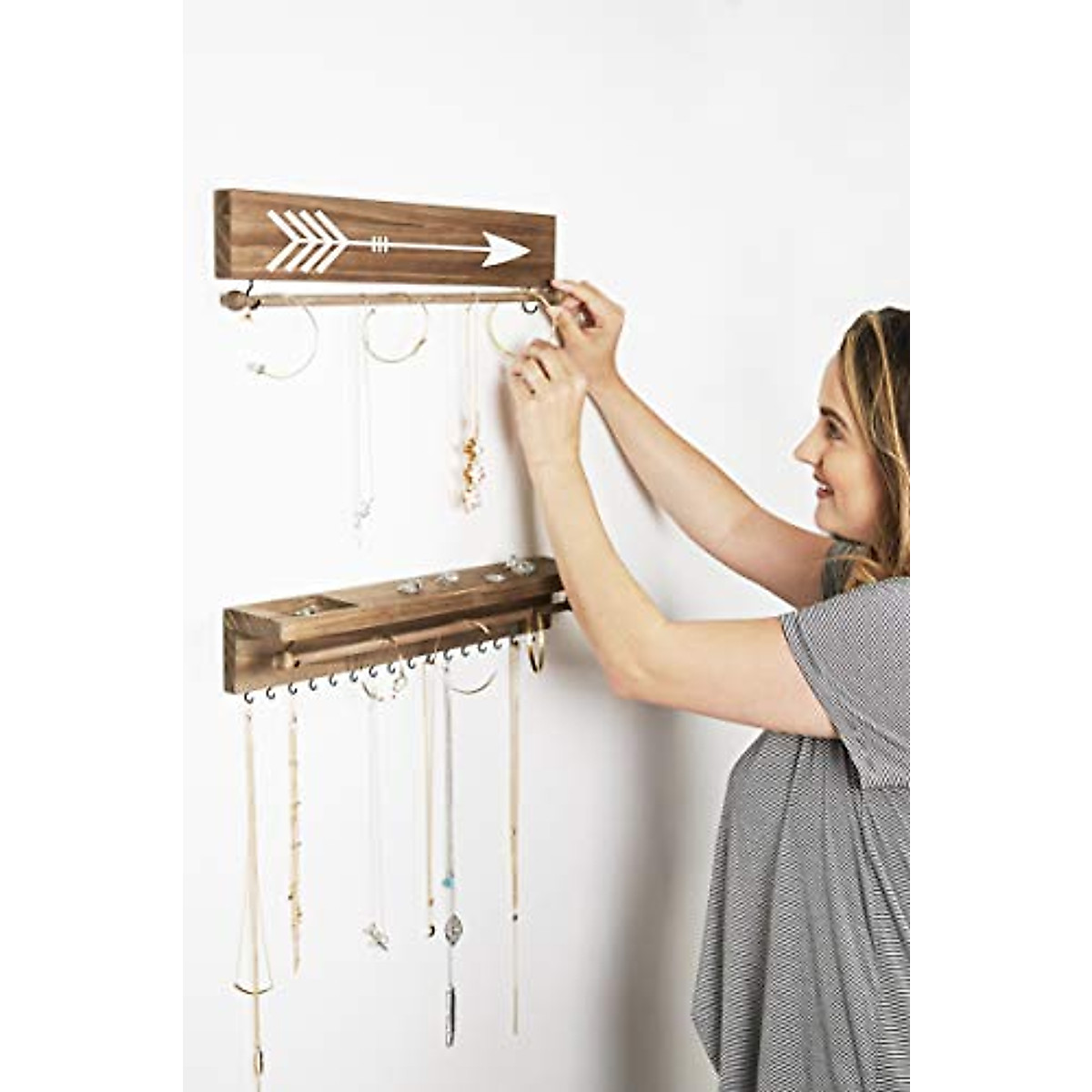 SoCal Buttercup Rustic Necklace and Jewelry Organizer - Hanging Wall Mount Display - Mounted Wooden Holder for Earrings, Necklaces, Bracelets, and Many Other Accessories (Two Piece, Rustic)