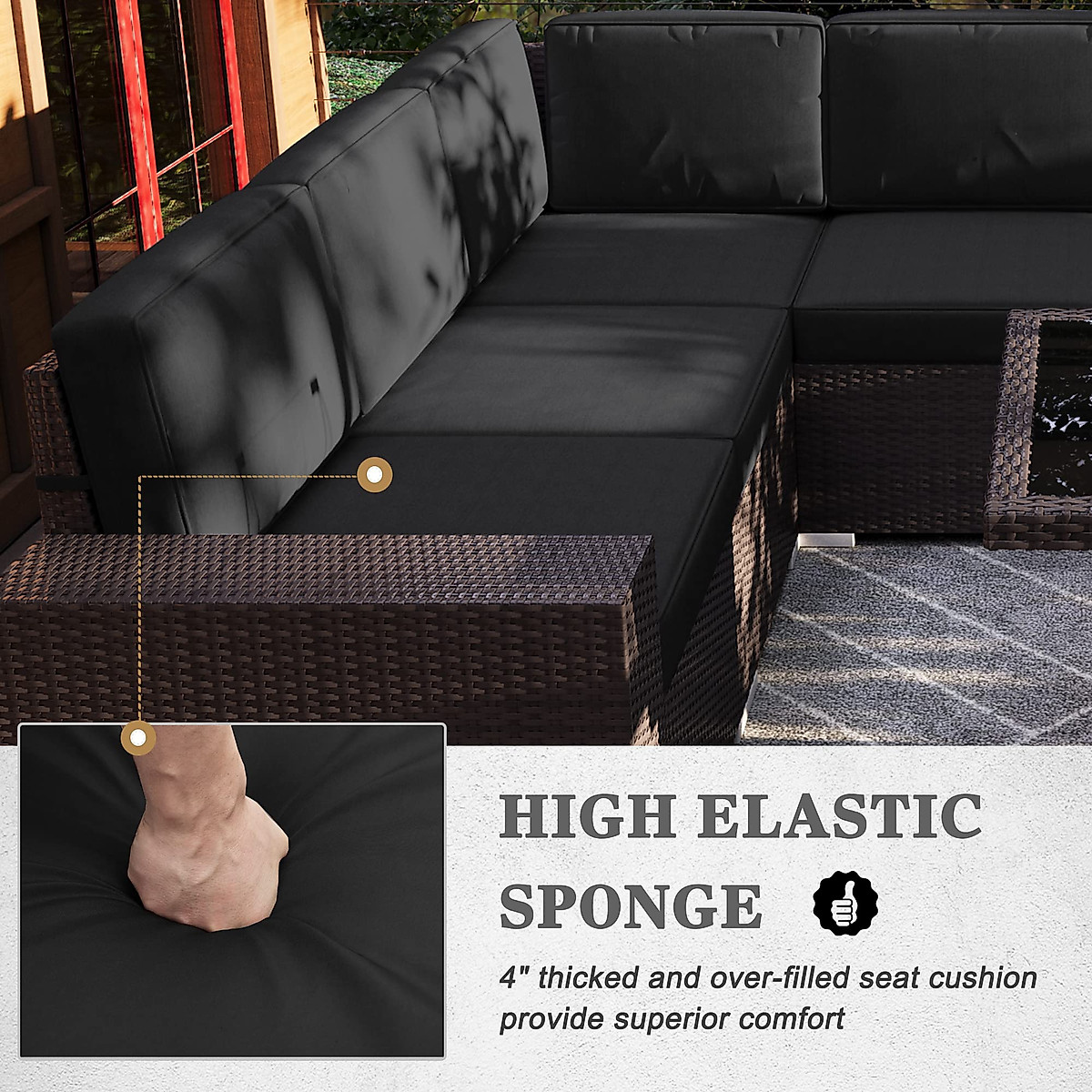 Vakollia 7 Pieces Patio Furniture Set with 44" Propane Gas Fire Pit Table, Outdoor Sectional Brown Rattan Wicker Conversation Sofa Sets with Coffee Table