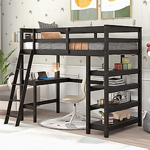Bellemave Twin Loft Bed with Desk & Shelves for Teens Adults, Wood High Loft Bed Frame with Bookcase & Angle Ladder for Kids Boys Girls, Full-Length Guardrail, Twin Size, Espresso