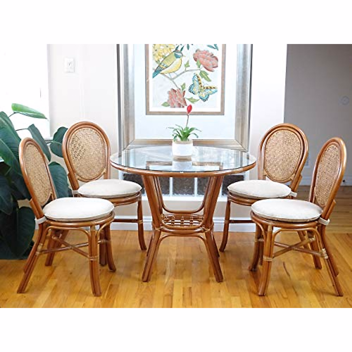 Set of 4 Denver Dining Handmade Wicker Side Chairs with Cream Cushions Natural Rattan, White Wash