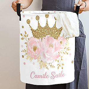 Personalized Laundry Baskets Bin,Pink Floral Gold Crown Princess Laundry Hamper with Handles, Collapsible Waterproof Clothes Hamper,Storage for Bedroom, Bathroom, Toys 50L