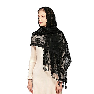 Wgior Rose Rectangular Chapel Veil Scarf Catholic Church Veils Mantilla Wrap Shawl Mass Head Covering (Black)