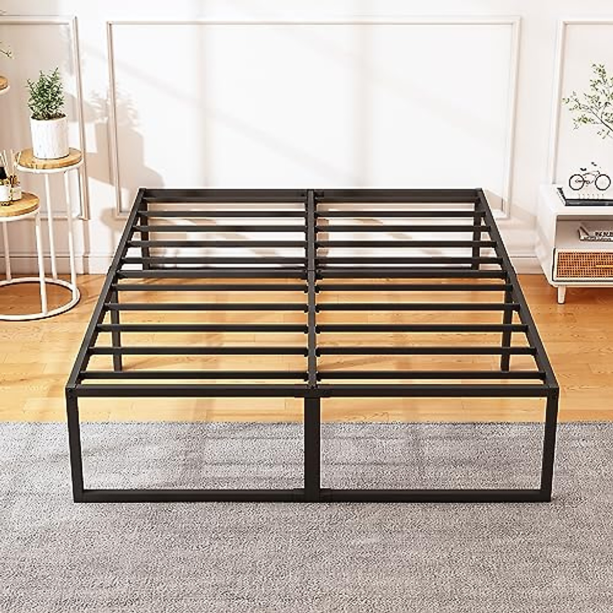 XINXINYAN 16 Inch Queen Bed Frame, No Box Spring Needed, Heavy Duty Metal Platform Queen Size Bed Frame, Strong Steel Slats Support, Noise Free, Easy Assembly, Black