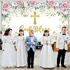 God Bless Backdrop Baptism First Holy Communion Banner Mi Bautizo Baby Shower Party Decorations Christening Ceremony Newborn Banner Flowers Leaves Floral Photography Background Decor Supplies