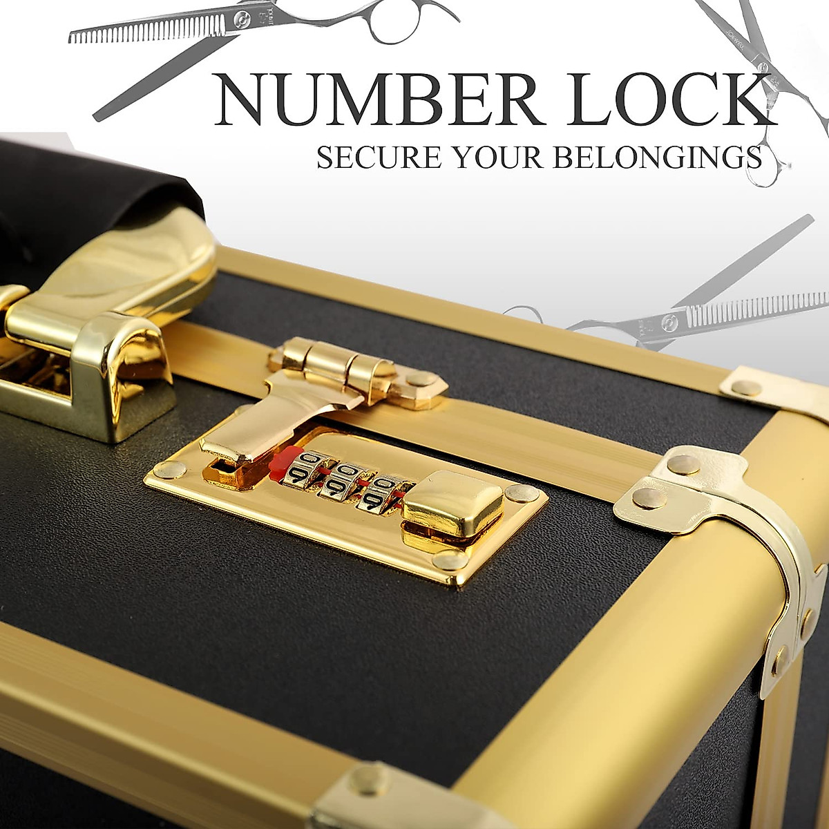 Kinglioncase Barber Case Clipper Bag Gold, Hair Kit Tool Box Aluminum Organizer with Portable Handle and Secure Numlock for Scissors, Clippers, Barber Supplies 15.7" x 12" x 6.1"