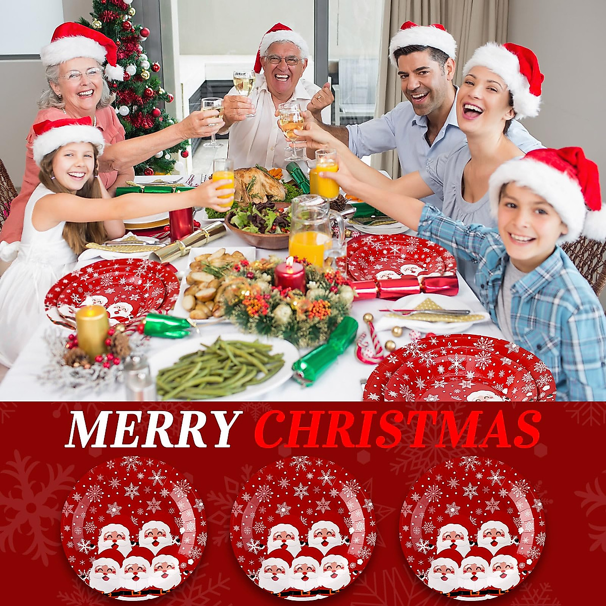 100 Pcs Christmas Paper Plates Santa Claus Snowflake disposable Plates 50 Pcs 9 Dinner Plates 50 Pcs 7 Dessert Plates Red and White Round Christmas Plates Decorative Plates for Xmas Christmas Party