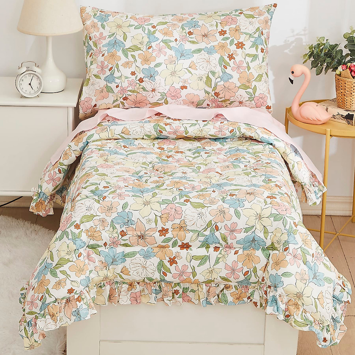 Brandream Toddler Bedding Set Girls Pink Floral Comforter Sheet Set 4 Piece Bed in A Bag Farmhouse Kids Baby Bedding with Fitted Sheet Flat Sheet Pillowcase, Luxury Design