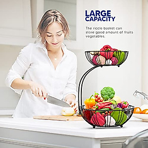 RICCLE Fruit Basket For Kitchen Counter - 2 Tier Fruit Basket With Banana Hanger - Double Layer Metal Wire Fruit Bowl For Kitchen Countertop - Two Tiered Fruit Holder For Produce, Vegetables, Kitchen