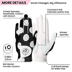 FINGER TEN Golf Gloves Women Left Right Hand Leather with Ball Marker Value Pack, Colored Glove for Ladies Right Left Handed Golfer All Weather Grip (Full-Mod Dot, Medium, Left)
