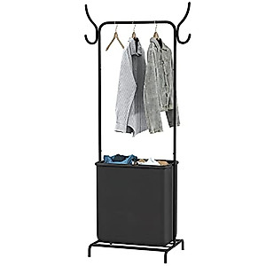 Waktavel Laundry Cart with Hanging Rack, Freestanding Laundry Hamper with Clothing Rack, Laundry Sorter with Hanging Bar and 2 Side Hook for Living Room Bedroom Entrance