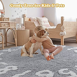 Round Rug 4Ft Math Circle Rug Soft Kids Rug Washable Area Rug Non-Slip Handwoven Tufted Cotton Grey White Rug Floor Play Mat Baby Carpet Nursery Rug for Kids Room Bedroom Playroom Bathroom Decor Gift