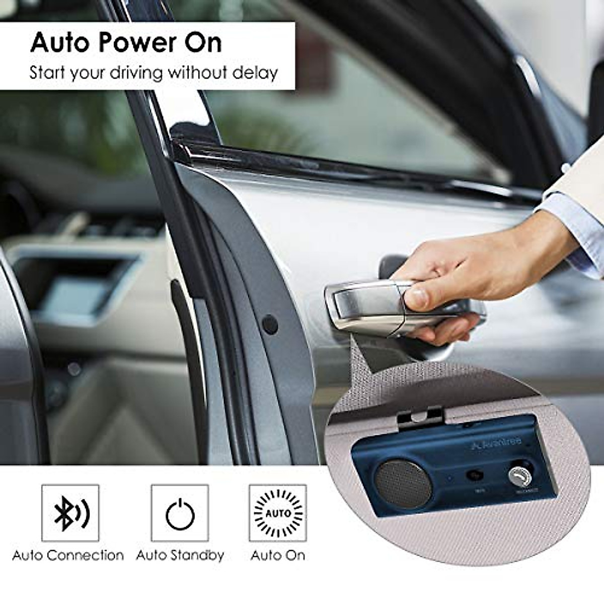 Avantree CK11 Bluetooth 5.0 Hands Free Cell Phone Car Kit, 3W Loud Speakerphone, Support Siri Assistant, Motion AUTO ON, Volume Knob, Wireless in Car Handsfree Speaker with Visor Clip – Blue