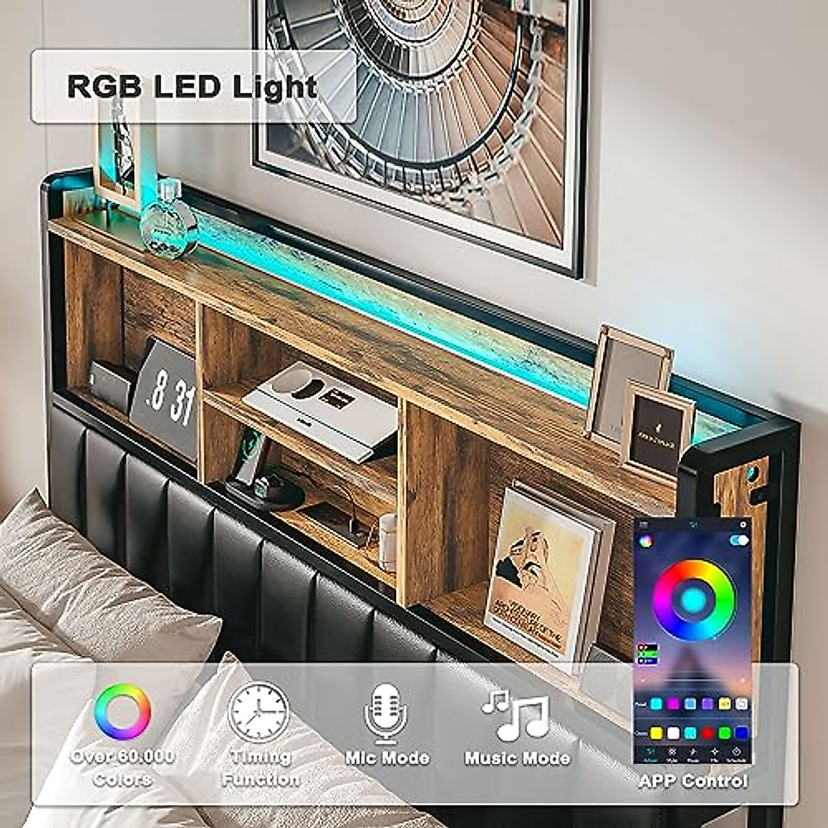 ANCTOR Queen Bed Frame with Upholstered Headboard and LED Light, Strong Platform Bed with Charging Station, Solid and Stable, No Box Spring Needed