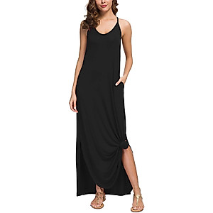 GRECERELLE Women's Summer Casual Loose Dress Beach Cover Up Long Cami Maxi Dress with Pocket Black-X-Large