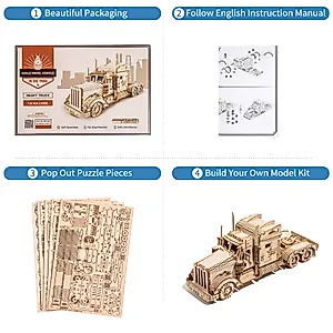 rowood Model Car Kit to Build,3D Wooden Puzzle, Scale Mechanical Vehicle Model Building Kits, Best Toys Gift for Adults & Teens - Heavy Truck