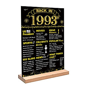 DARUNAXY Black Gold 30th Birthday Gift for Men Back in 1993 Poster Acrylic Table Sign with Stand 30 Year Old Birthday Party Supplies Vintage 1993 Display Holder 30 Birthday Party Decorations for Women