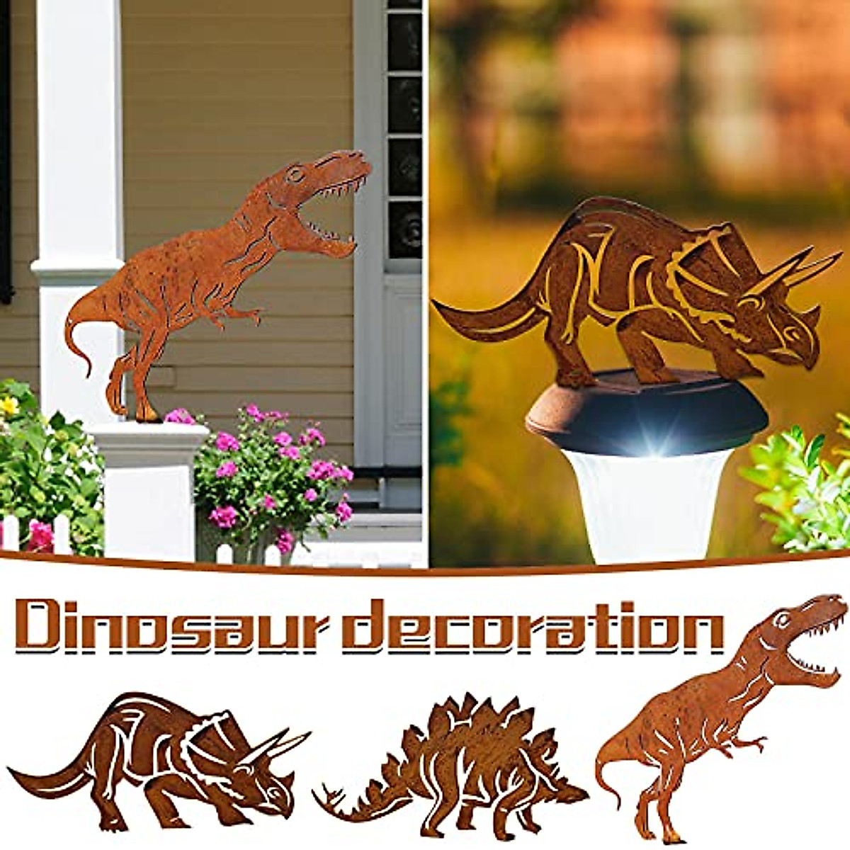 LLOP Garden Sculpture & Statue, Rusty Metal Triceratops T-Rex Stegosaurus- Creative Rusty Metal Garden Yard Art, Decorative Lawn Outdoor Home Ornament (A)