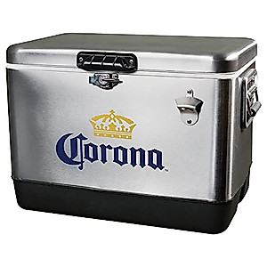 Corona Ice Chest Beverage Cooler with Bottle Opener, 51L (54 qt), 85 Can stainless steel Portable Cooler, Silver and Black, for Camping, Beach, RV, BBQs, Tailgating, Fishing