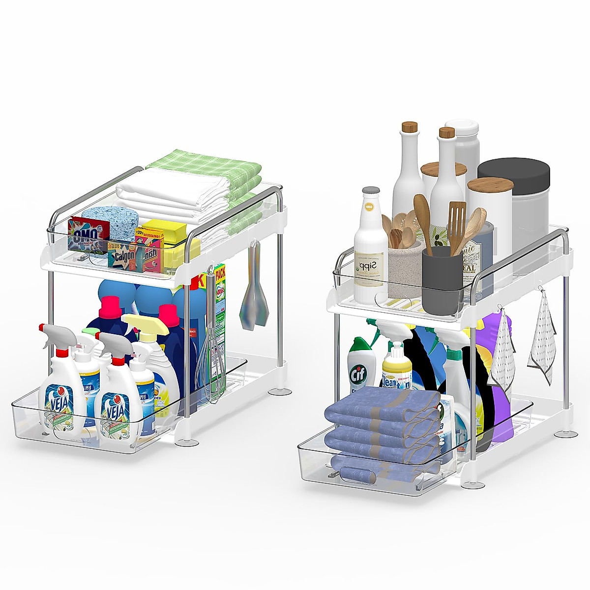 Alwytlon 2 Sets of 2-Tier Under Sink Organizer and Storage, Sliding Bathroom Cabinet Organizer with Hooks, Multi-purpose Pull Out Storage Shelf for Bathroom Kitchen, transparent & White