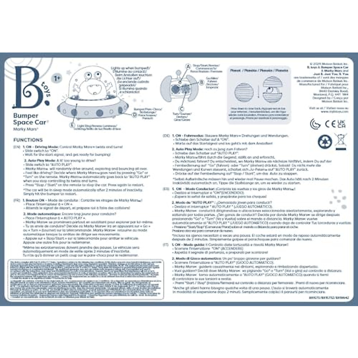 B. toys- Vehicle Bumper Space Car-Light-Up- Simple Remote Control Car for Toddlers with Alien Driver- Marky Mars- 12 months +