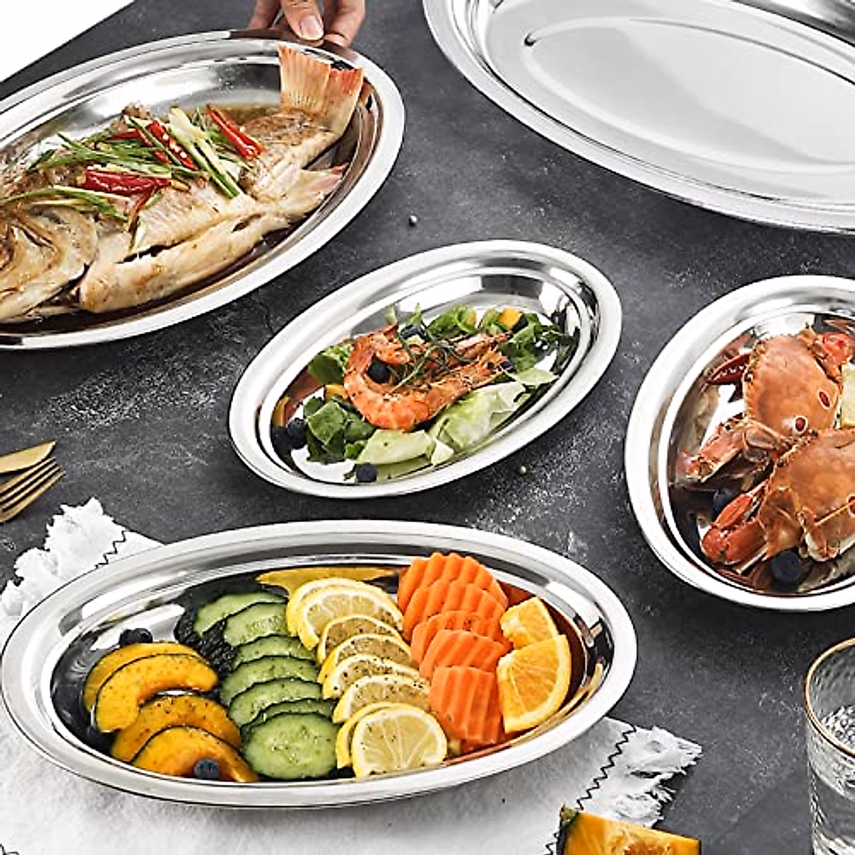 Suwimut 6 Pack Stainless Steel Oval Platter, Heavy Duty Mirror Polish Large Sizzling Platter Serving Tray Fish Plate for Steaming Fish Dessert Meat Sushi, 14-Inch by 8.7-Inch, Silver