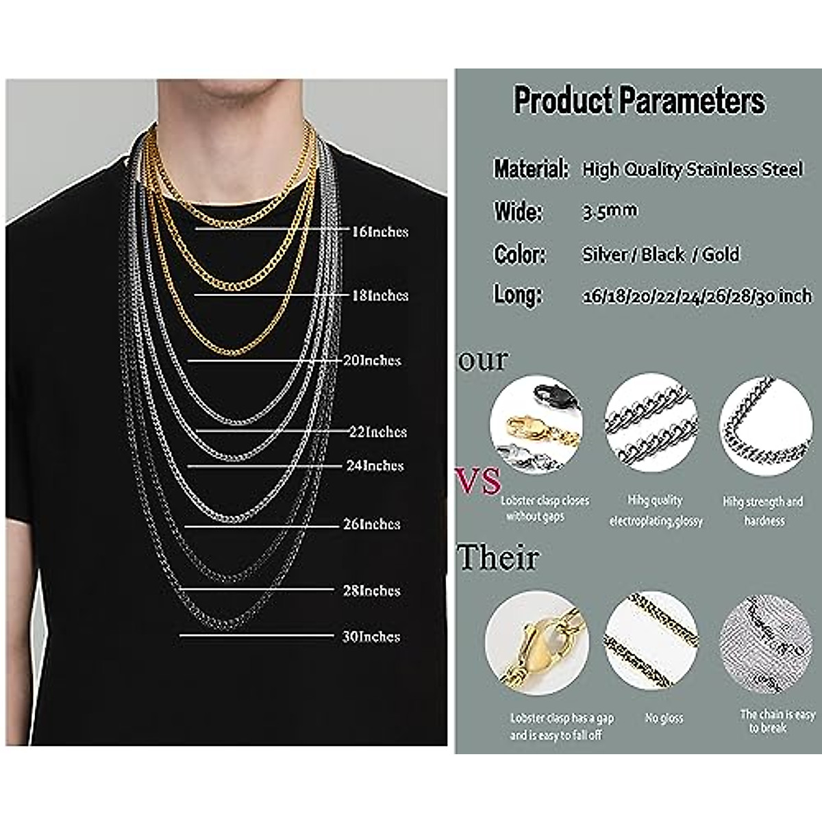 Jstyle 3.5mm Cuban Link Chain Necklace for Mens Boys Women Black Silver Gold Tone Chains for Men 3 Pcs 20 inch Chain
