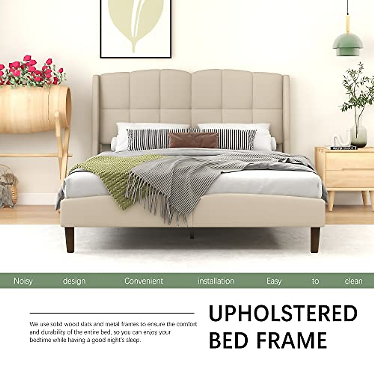 AGARTT Upholstered Platform Full Size Bed Frame with Geometric Headboard No Box Spring Required Anti-Slip Beige Linen