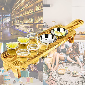 Shot Glasses Serving Tray Tequila Shot Glass Holder with 6 Shot Glasses Set Unique Wooden Holder for Drinking, Serving, Display and Storage Suitable for Bar, Restaurant and Party