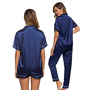 SWOMOG Women's 3 Pcs Pajamas Sets Silk Satin Sleepwear Button Down Loungewear Short Sleeve Shirt Pjs Navy Blue