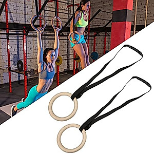 OUKENS Combination Fitness Products Gymnastic Rings, 1 Pair Wooden Gymnastic Rings with Adjustable Buckle Straps 330lbs Capacity for Home Gym