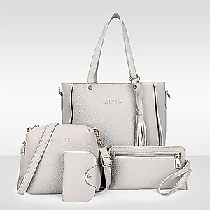 Crazypig 4 Pcs Bags Set for Women, Shoulder Bags Pu Leather Tote Handbag Crossbody Bag&Wristlet Purse Top Handle Small Bags, Gray
