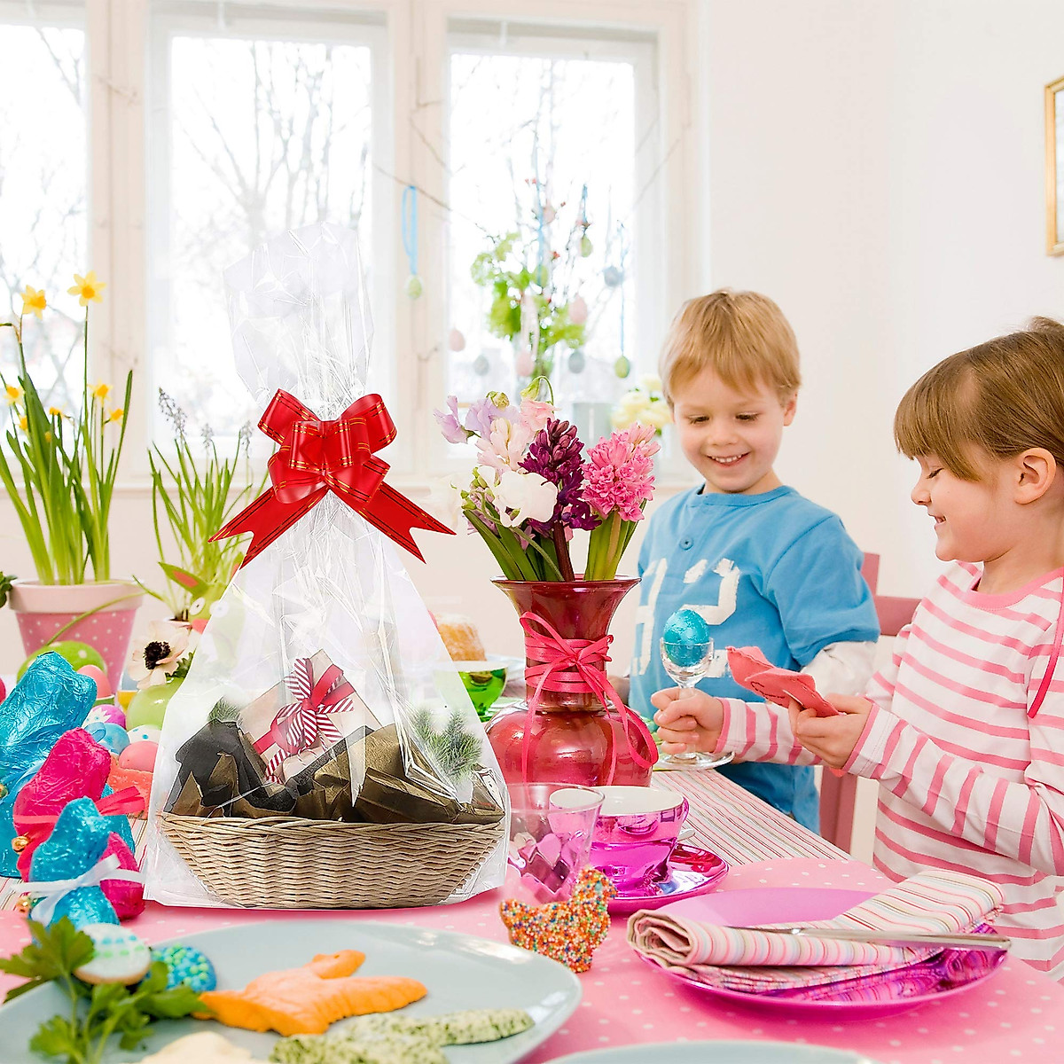 Kolewo4ever 20pcs 18 x 32 inches Clear Cellophane Gift Bags Package Bags with 20pcs pull bow for Wrapping Baskets Cello Wrap Basket Bag