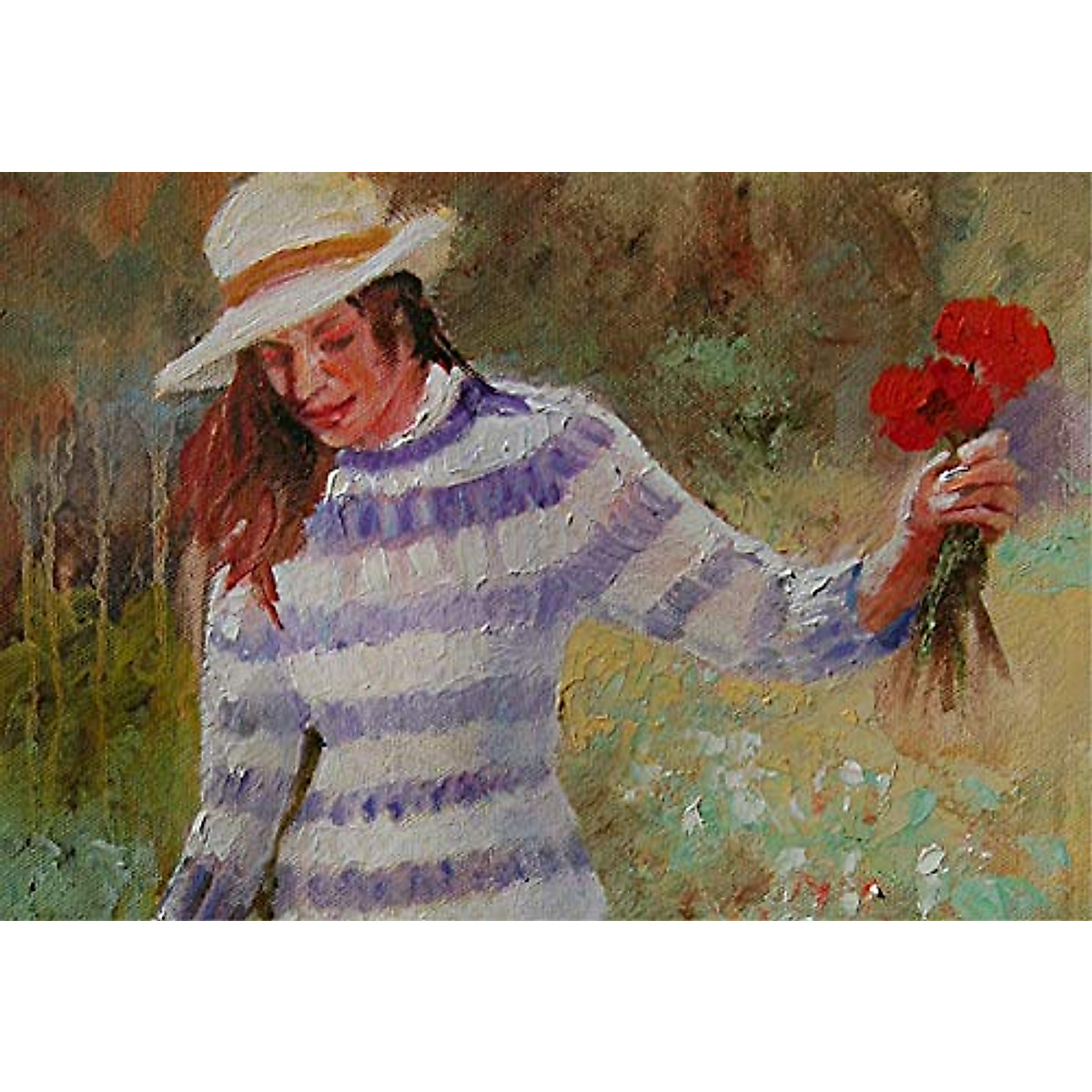 (SOLD) The Puppies and Poppies - female figure and Golden Retrievers by internationally renown painter Yary Dluhos