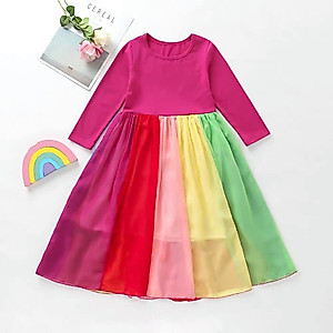 Toddler Kids Baby Girl Summer Dress Clothes Rainbow Ruffle Strap Dress Backless Princess Sundress Playwear Outfits (Rose Long Sleeve, 6-7_Years)