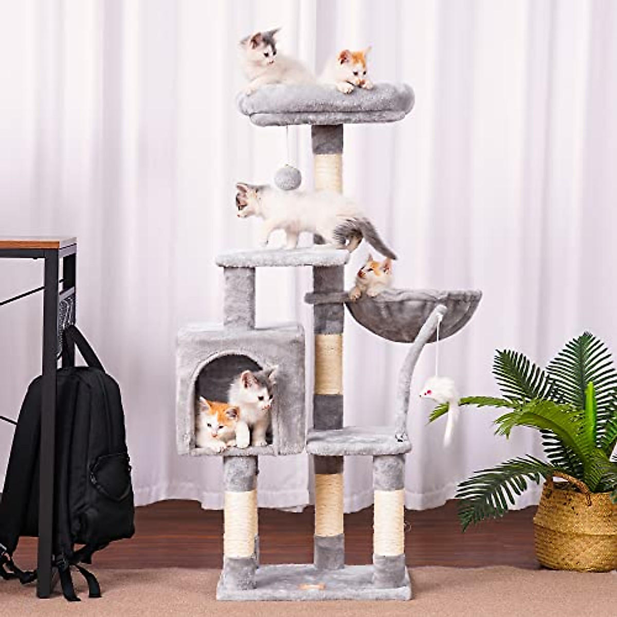 Heybly Cat Tree with Toy, Cat Tower condo for Indoor Cats, Cat House with Padded Plush Perch, Cozy Hammock and Sisal Scratching Posts, Light Gray HCT004SW