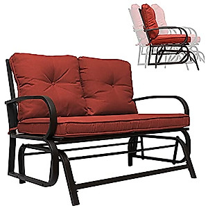 X&T Outdoor Porch Glider, Patio Glider Chair with 3.5 Inch Thick Cushion, 2 Seats Glider Benches for Outside, Garden Steel Frame Swing Rocker Seating, Red(1)